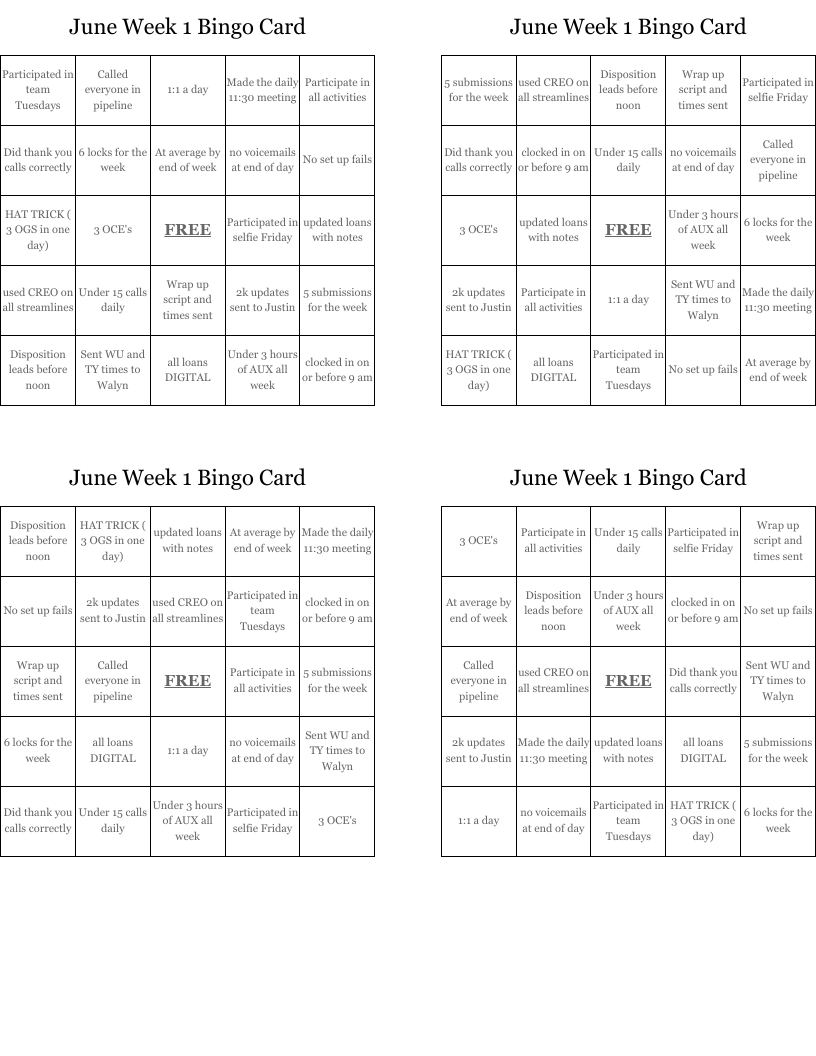 June Week 1 Bingo Card - WordMint