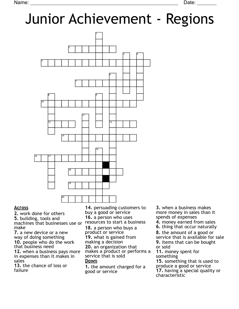 Junior Achievement - Regions Crossword - WordMint