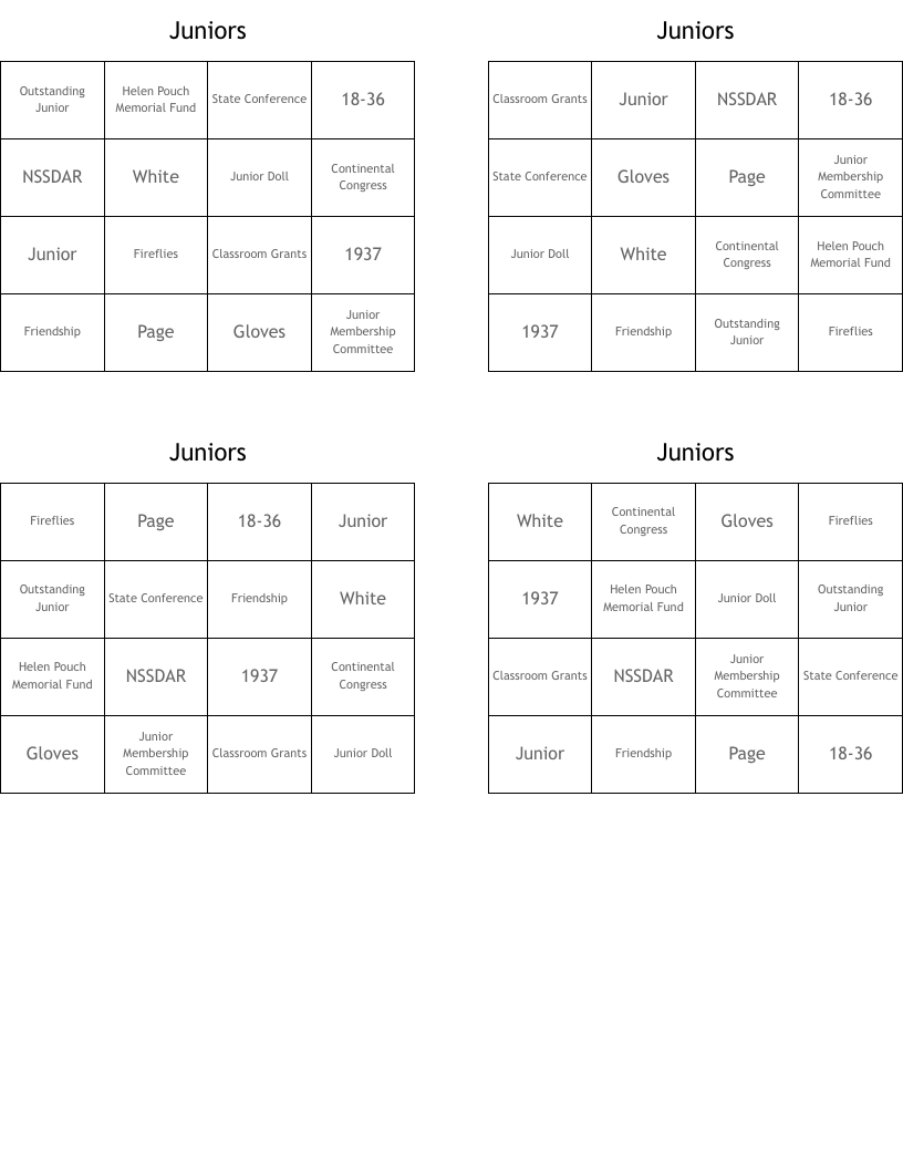 Juniors Bingo Cards - WordMint