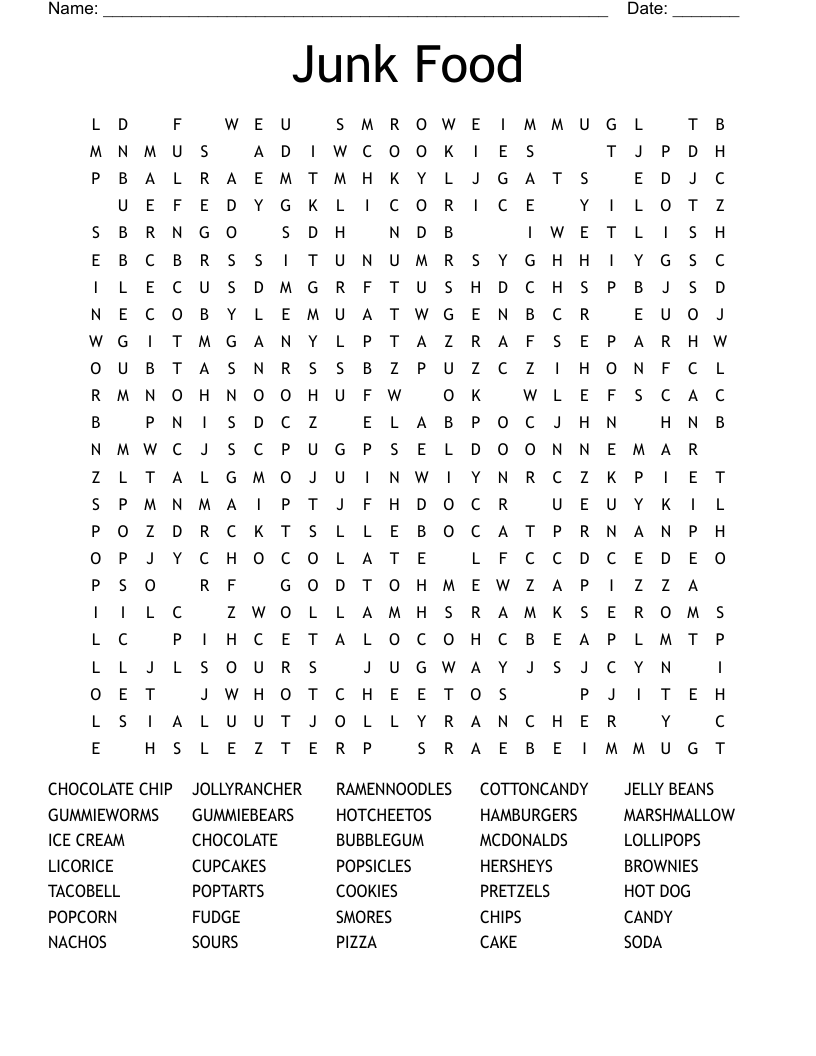 Junk Food Word Search WordMint