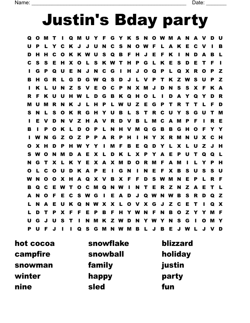 Justin's Bday party Word Search - WordMint