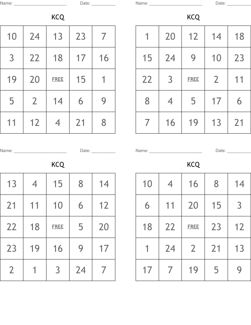 KCQ Bingo Cards - WordMint