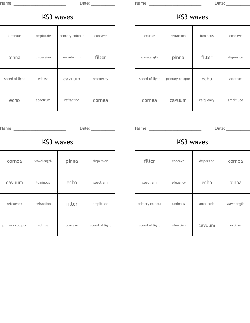 KS3 waves Bingo Cards - WordMint