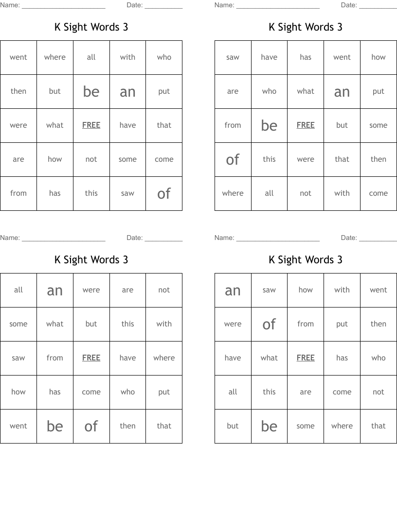 K Sight Words 3 Bingo Cards - WordMint