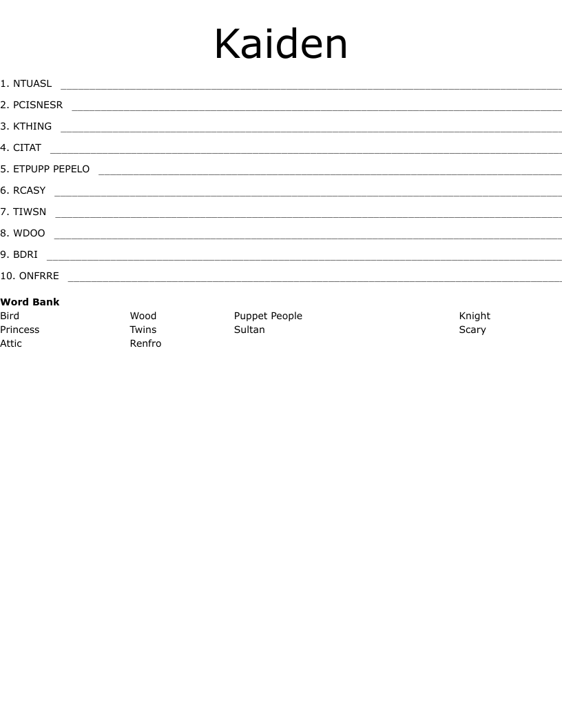 Kaiden Word Scramble - WordMint