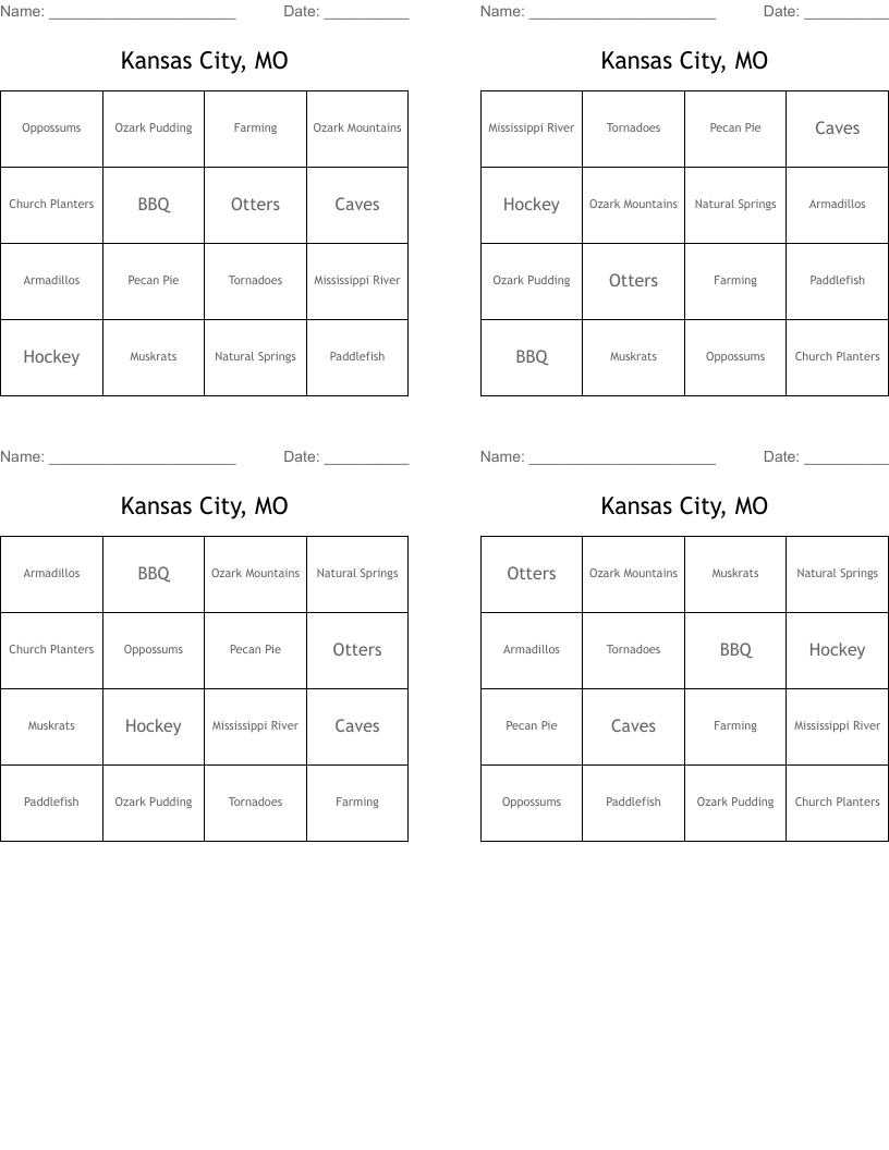 Kansas City, MO Bingo Cards - WordMint