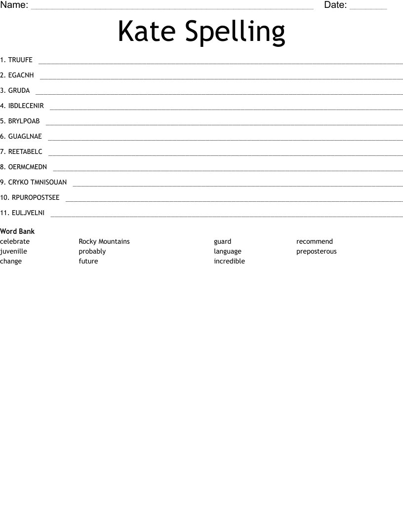 Kate Spelling Word Scramble - WordMint