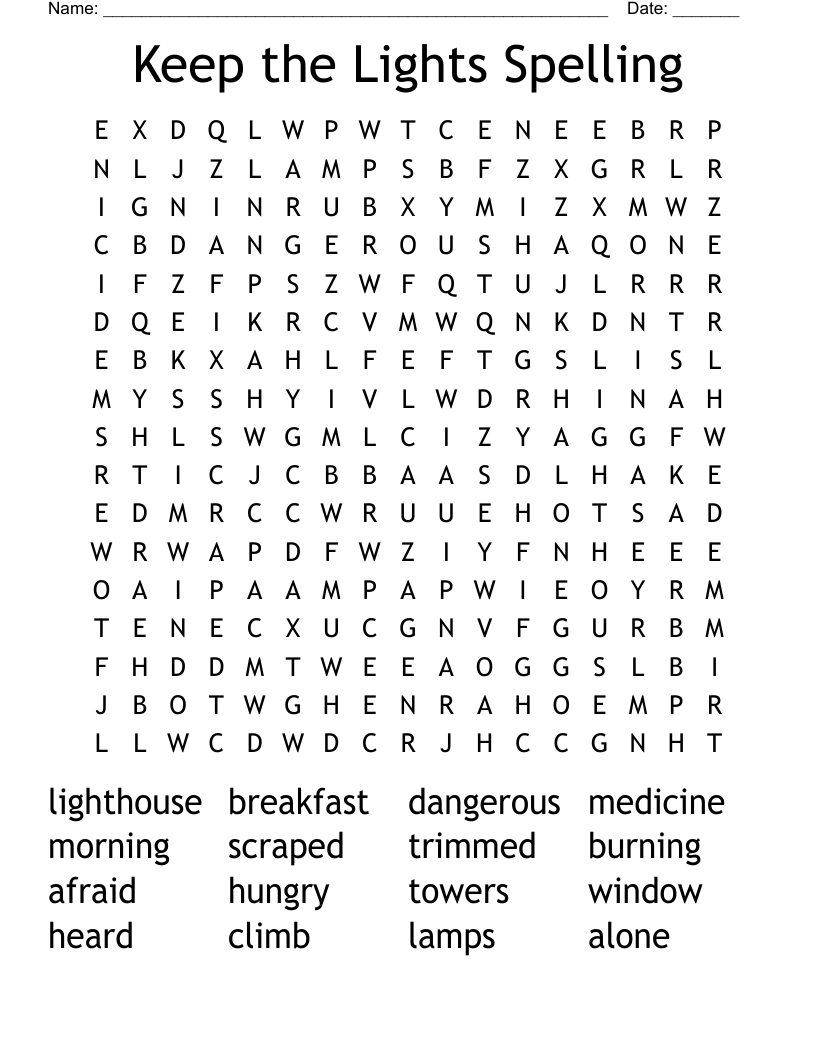 Keep the Lights Spelling Word Search - WordMint