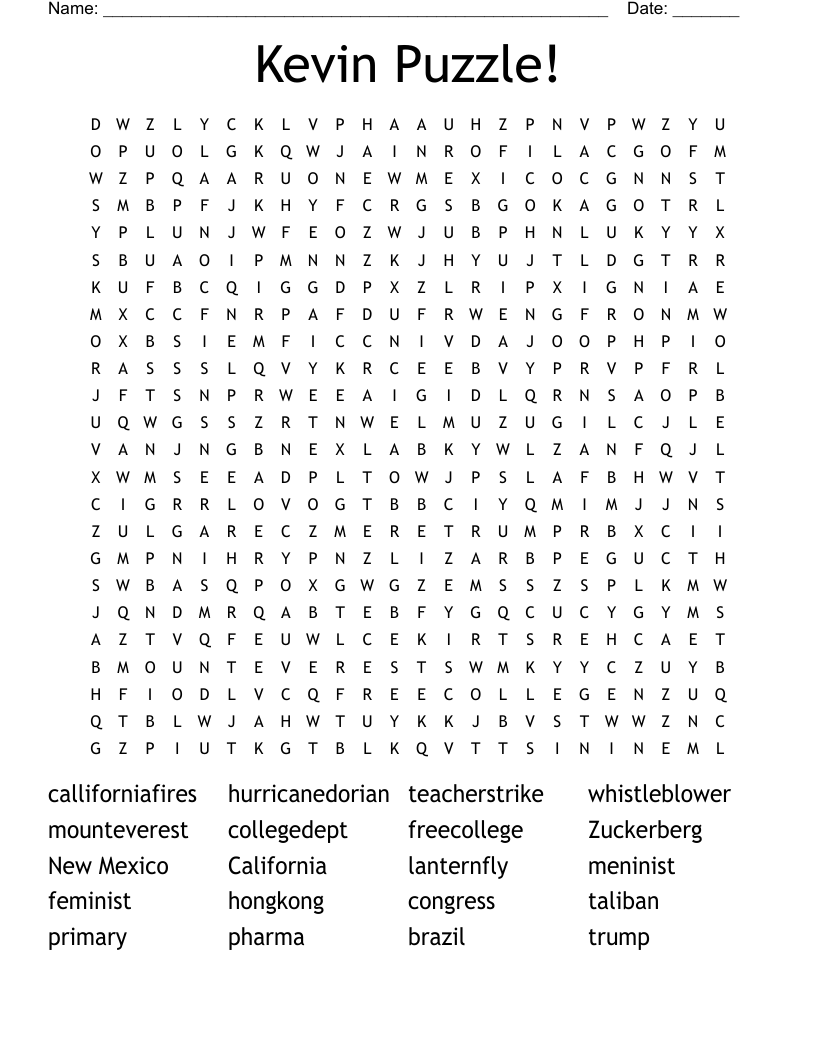 Kevin Puzzle! Word Search - WordMint