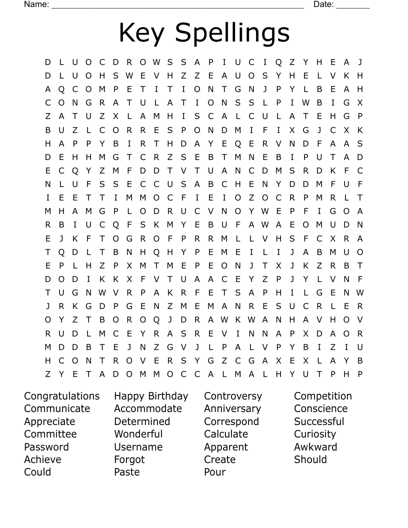 Key Spellings Word Search - WordMint