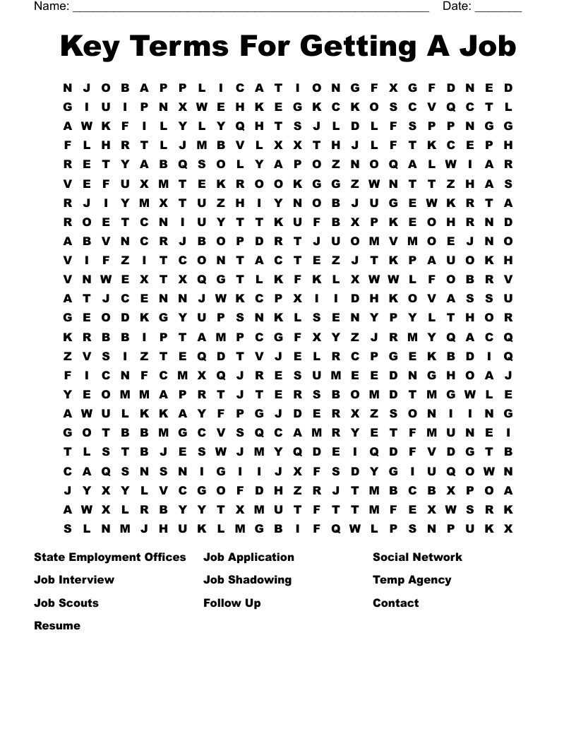 Key Terms For Getting A Job Word Search WordMint