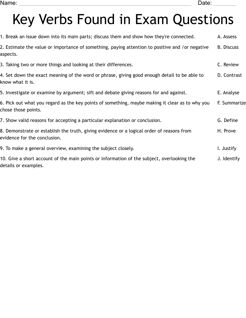 Key Verbs Found in Exam Questions Worksheet - WordMint