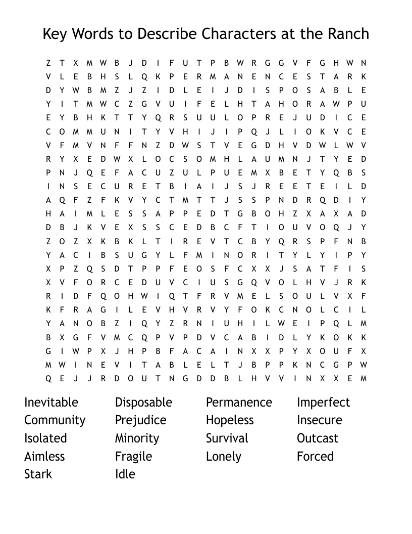 Key Words to Describe Characters at the Ranch Word Search - WordMint