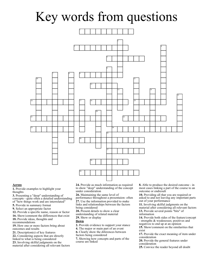 Key words from questions Crossword - WordMint