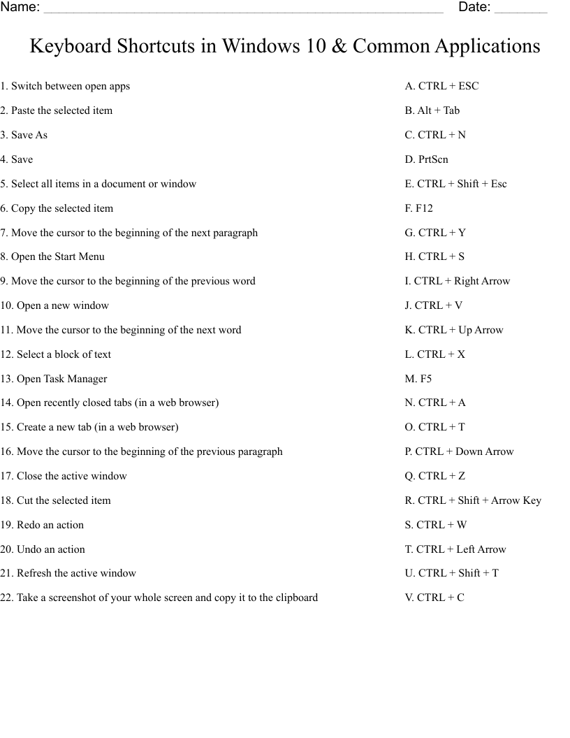 Keyboard Shortcuts In Windows 10 Common Applications Worksheet WordMint