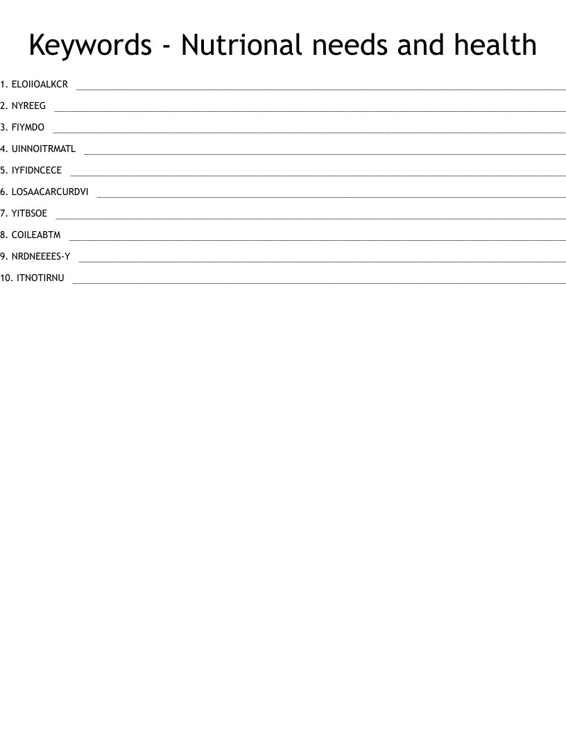 Keywords - Nutrional needs and health Word Scramble - WordMint