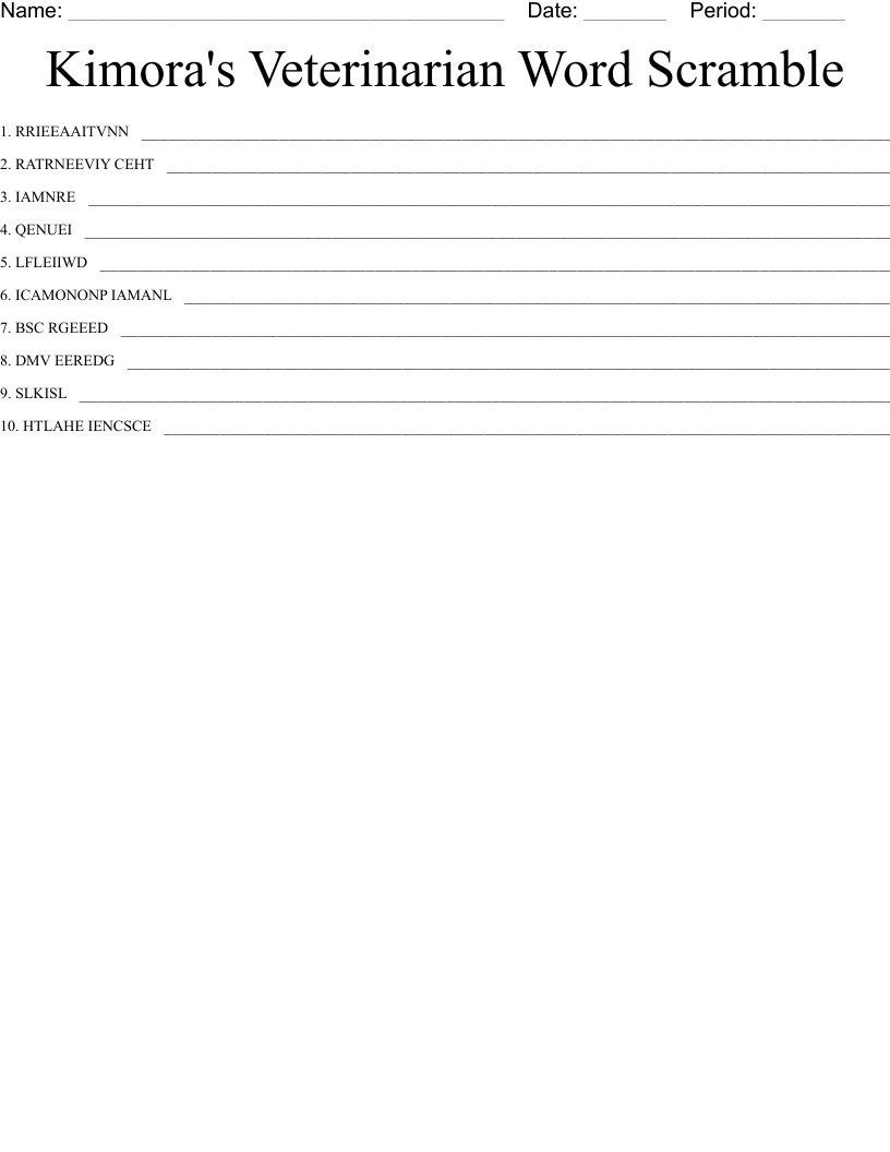 Kimora's Veterinarian Word Scramble - WordMint