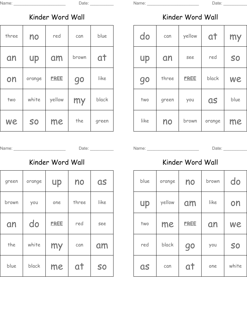 Kinder Word Wall Bingo Cards - WordMint