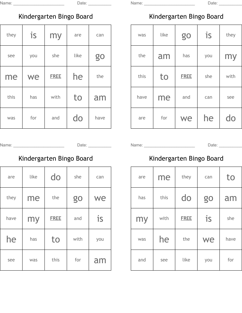Kindergarten Bingo Board - WordMint