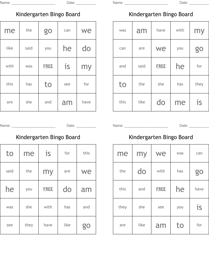 Kindergarten Bingo Board - WordMint