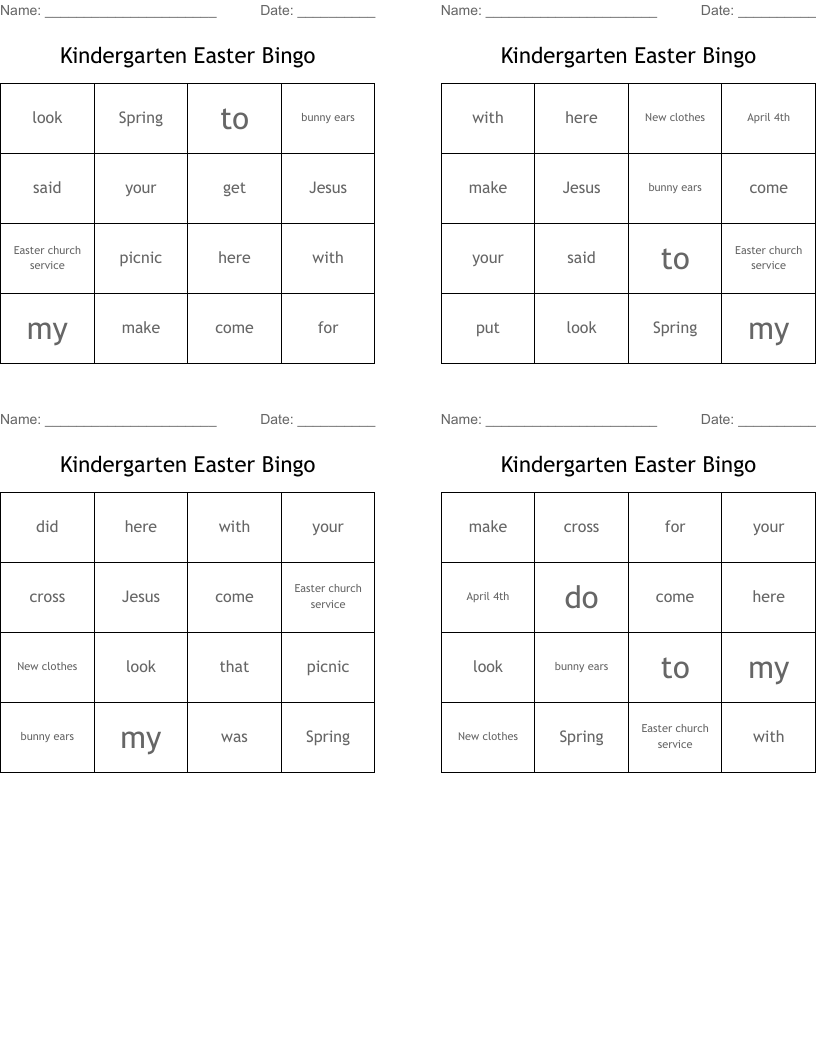 Kindergarten Easter Bingo - WordMint