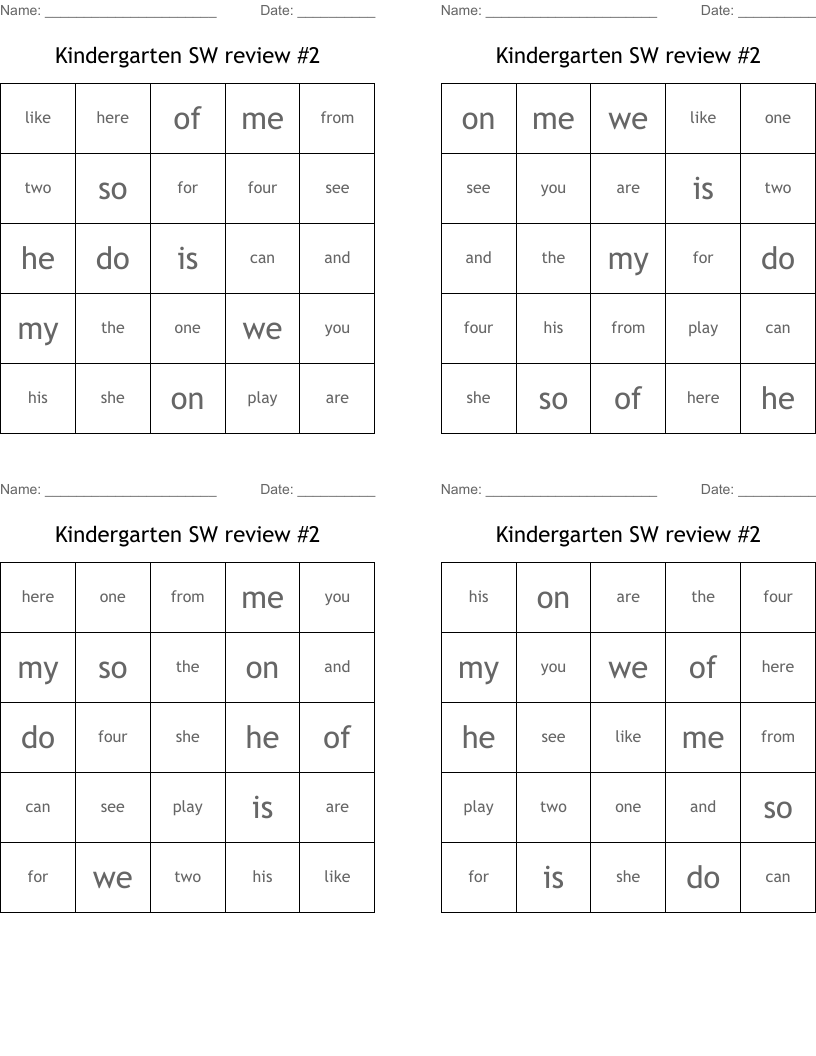 Kindergarten SW review #2 Bingo Cards - WordMint