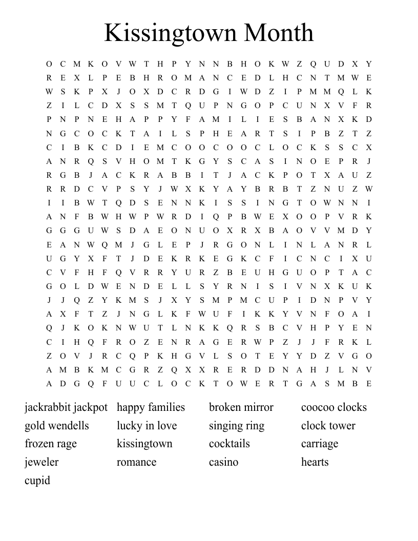 Kissingtown Month Word Search - WordMint