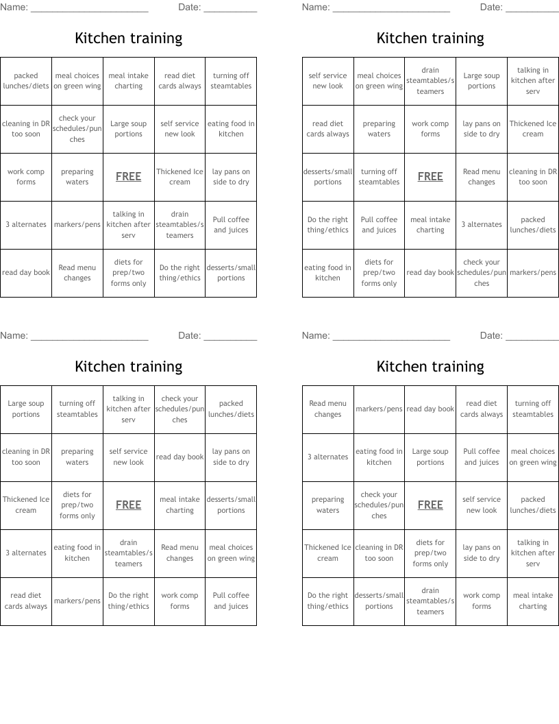 Kitchen training Bingo Cards - WordMint