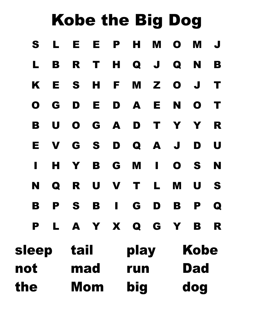 Kobe the Big Dog Word Search - WordMint