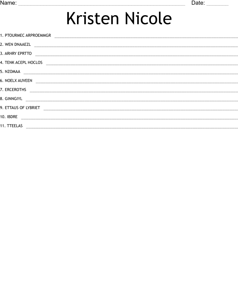 Kristen Nicole Word Scramble - WordMint