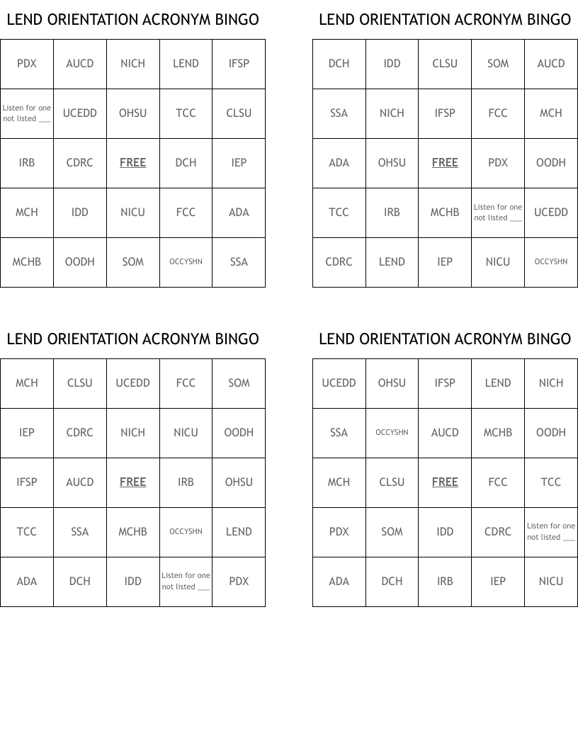 LEND ORIENTATION ACRONYM BINGO - WordMint