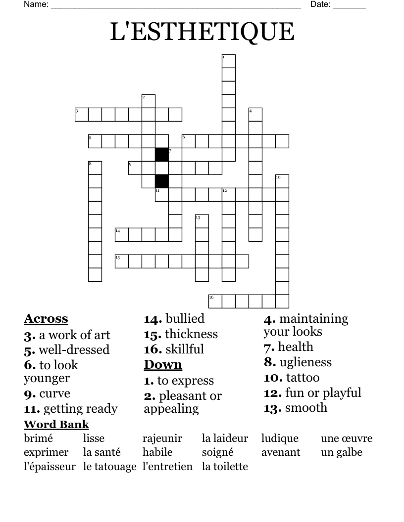 L'ESTHETIQUE Crossword - WordMint