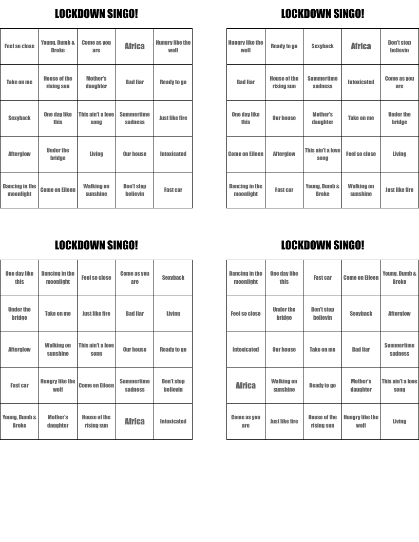 LOCKDOWN SINGO! Bingo Cards - WordMint