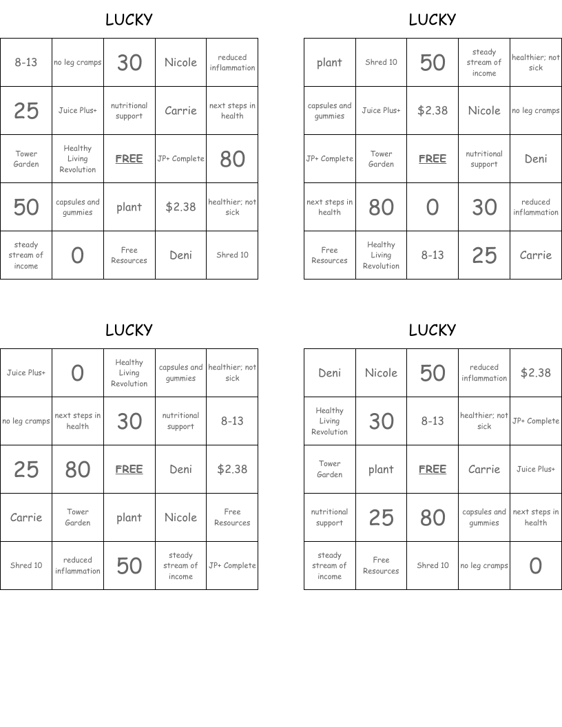 LUCKY Bingo Cards WordMint
