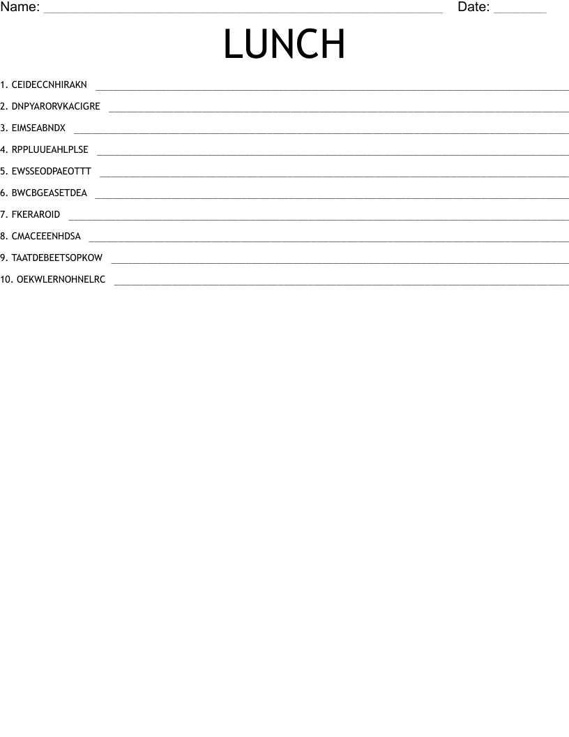 LUNCH Word Scramble - WordMint