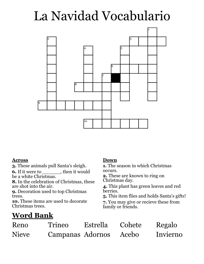La Navidad Vocabulario Crossword - WordMint