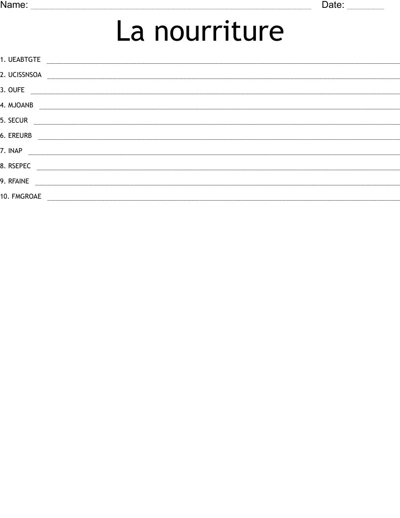 La nourriture Word Scramble - WordMint