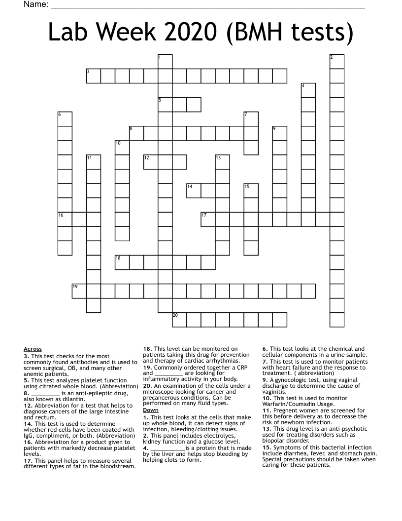 Lab Week 2020 (BMH tests) Crossword - WordMint