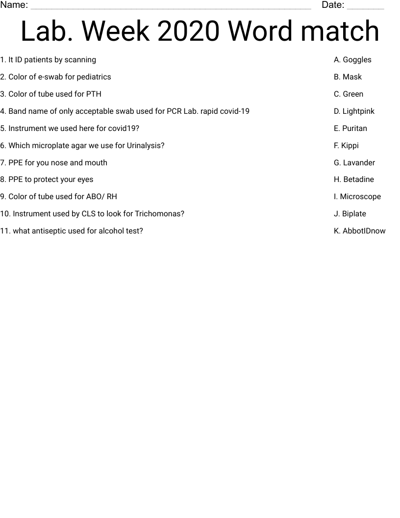 Lab Week 2020 Word Match Worksheet WordMint