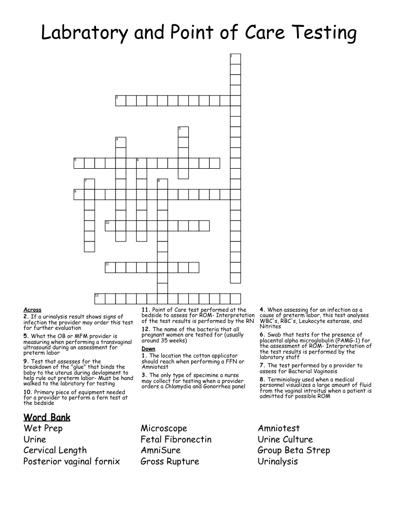 Labratory and Point of Care Testing Crossword - WordMint