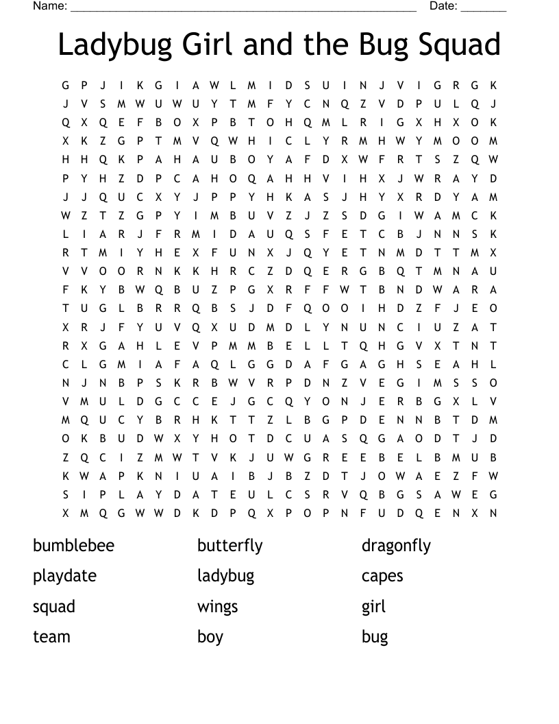 Ladybug Girl and the Bug Squad Word Search - WordMint