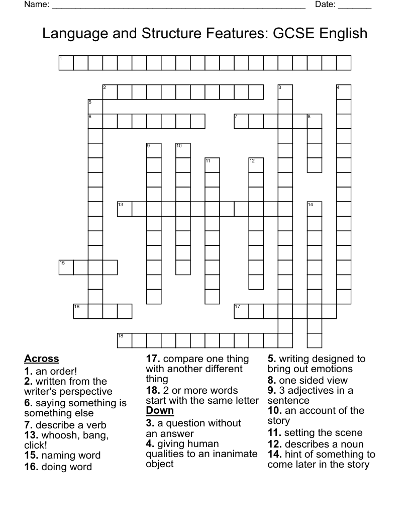 Language And Structure Features GCSE English Crossword WordMint