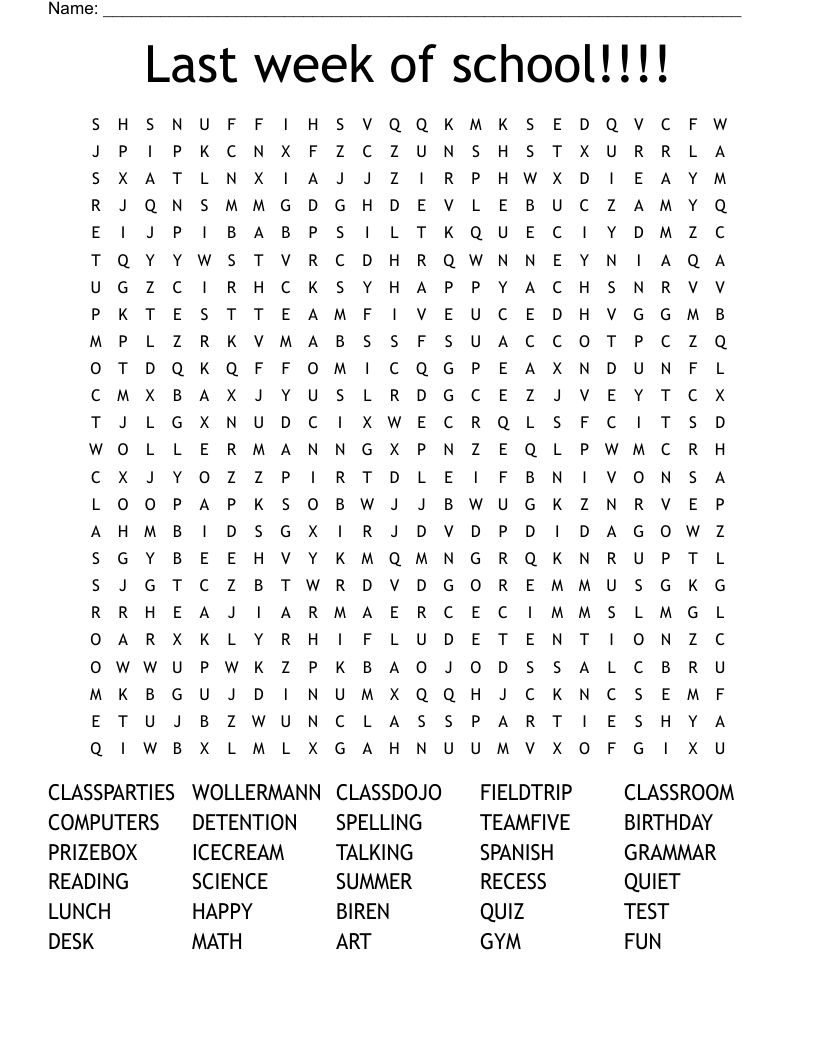 Last Week Of School Word Search WordMint