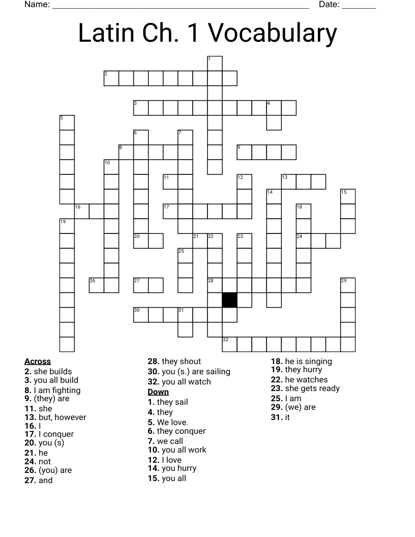 Latin Ch. 1 Vocabulary Crossword - WordMint