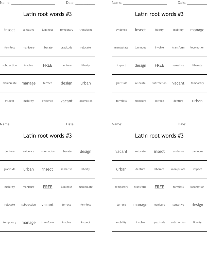Latin root words #3 Bingo Cards - WordMint