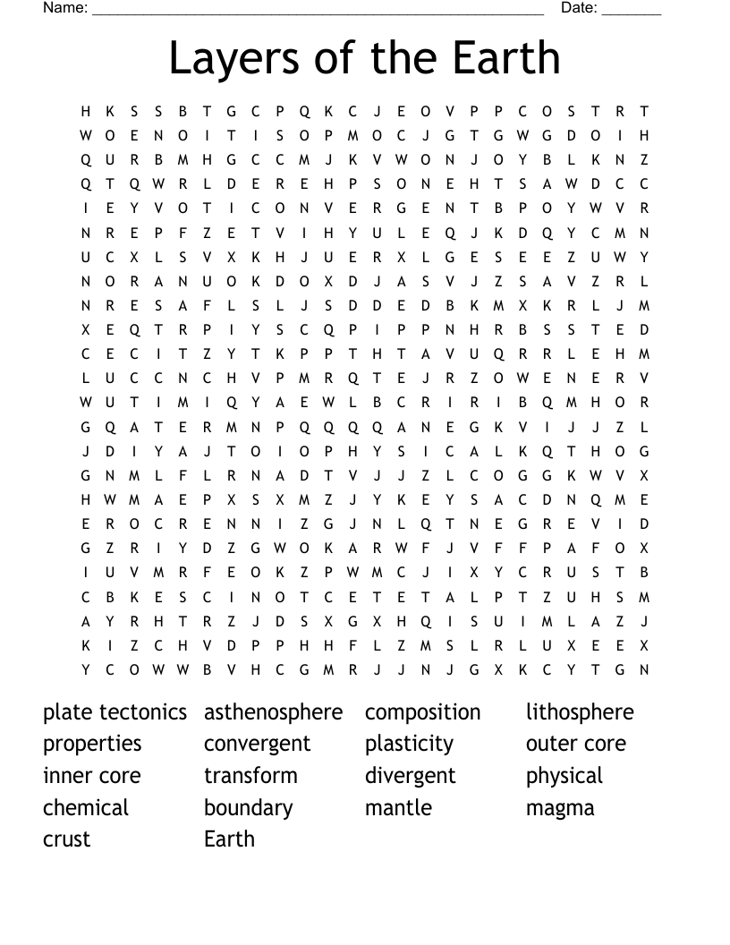 Layers of the Earth Word Search - WordMint