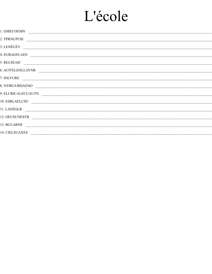 L'école Word Scramble - WordMint