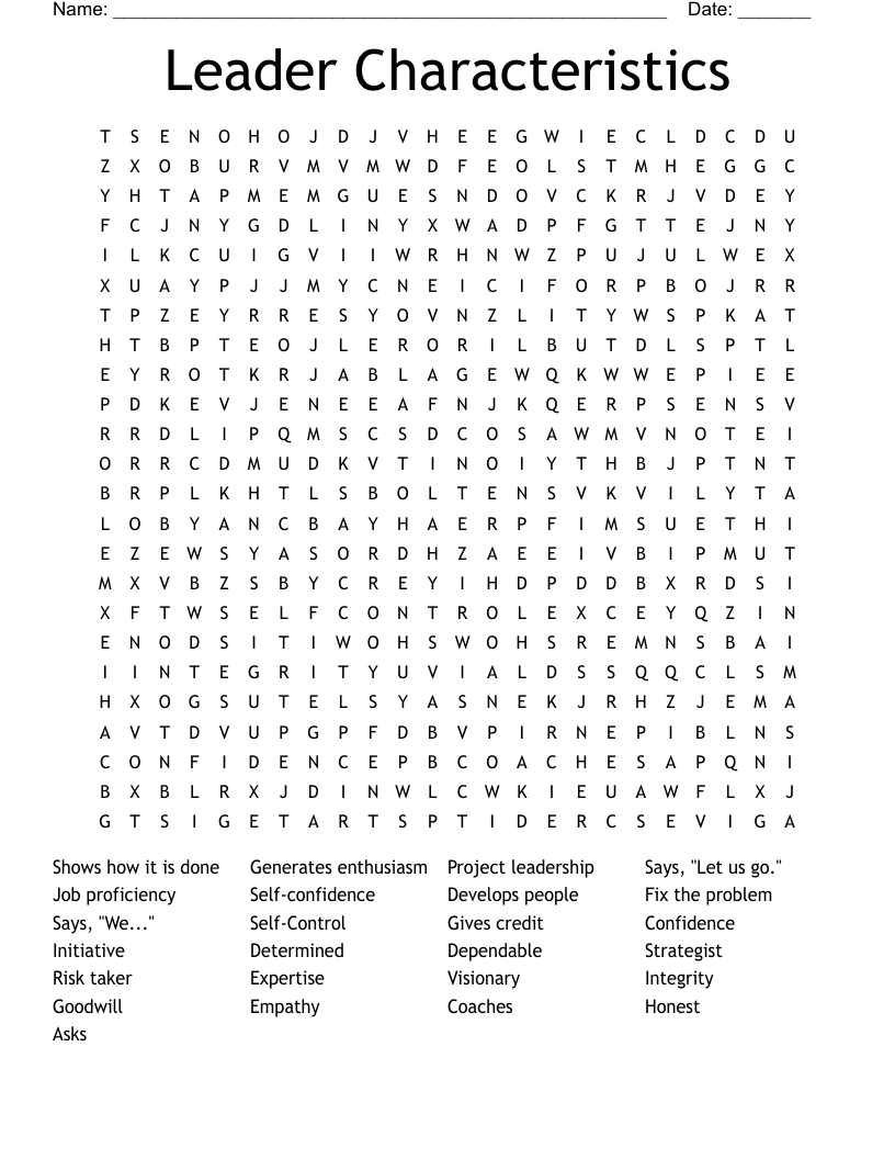 Leader Characteristics Word Search - WordMint