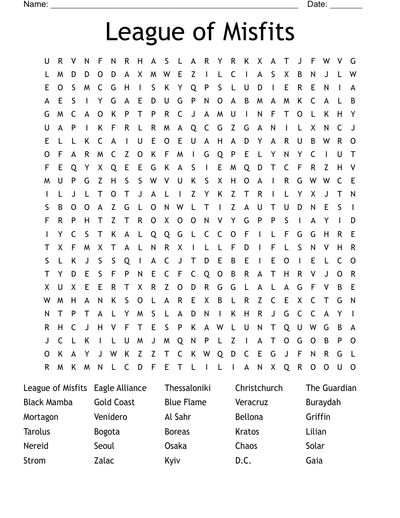 League of Misfits Word Search - WordMint