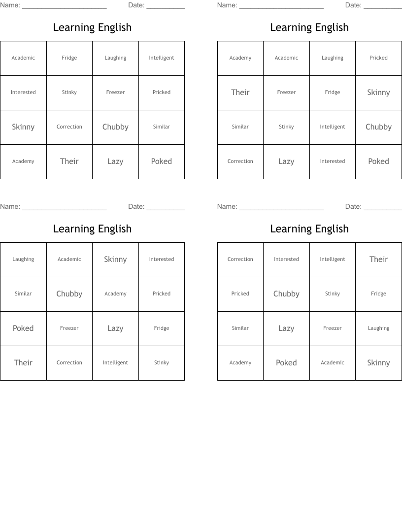 Learning English Bingo Cards - WordMint